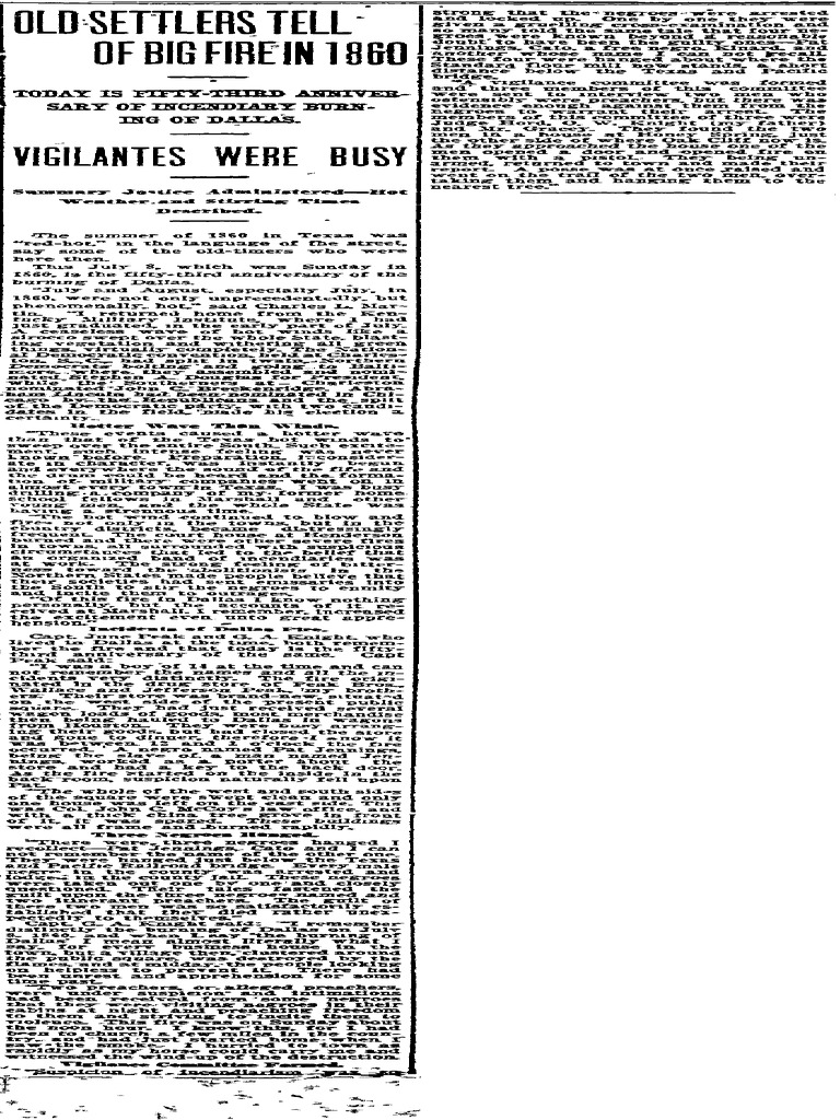 Old Settlers Tell of Big Fire, Dallas 1860 | PDF