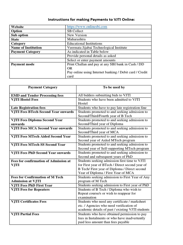 VJTI Online Payment Instructions | PDF | Payments | Fee