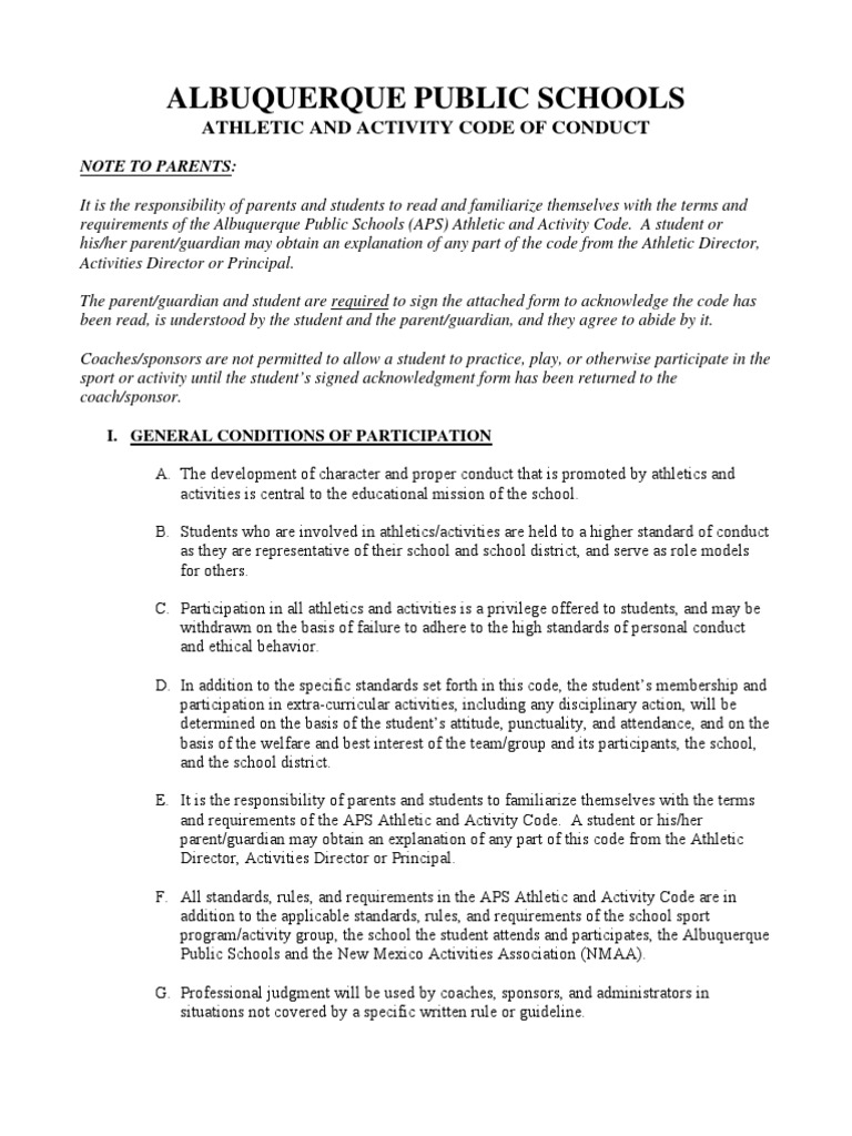 Albuquerque Public Schools: Athletic and Activity Code of Conduct | PDF ...