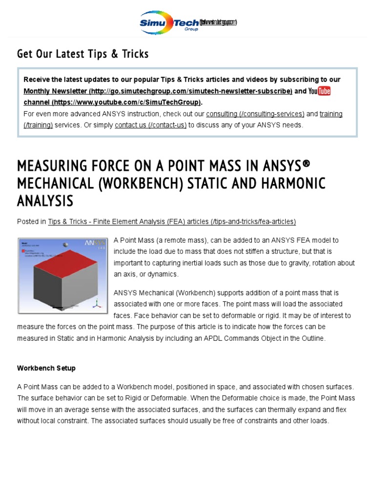Measuring Force On A Point Mass in ANSYS® Mechanical (Workbench) | PDF ...