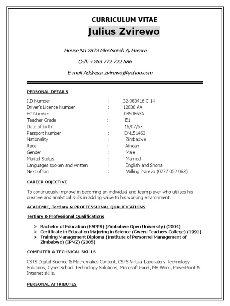 Zimbabwe CV Format Example | PDF | Professional Certification | Teachers