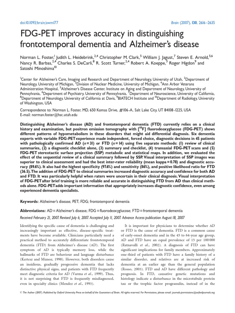 FDG-PET Improves Accuracy in Distinguishing Frontotemporal Dementia and ...