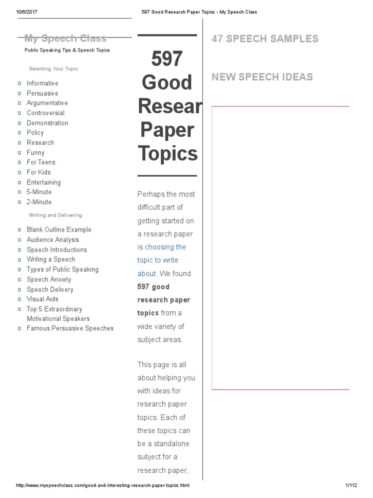 597 Good Research Paper Topics - My Speech Class | PDF | Public ...