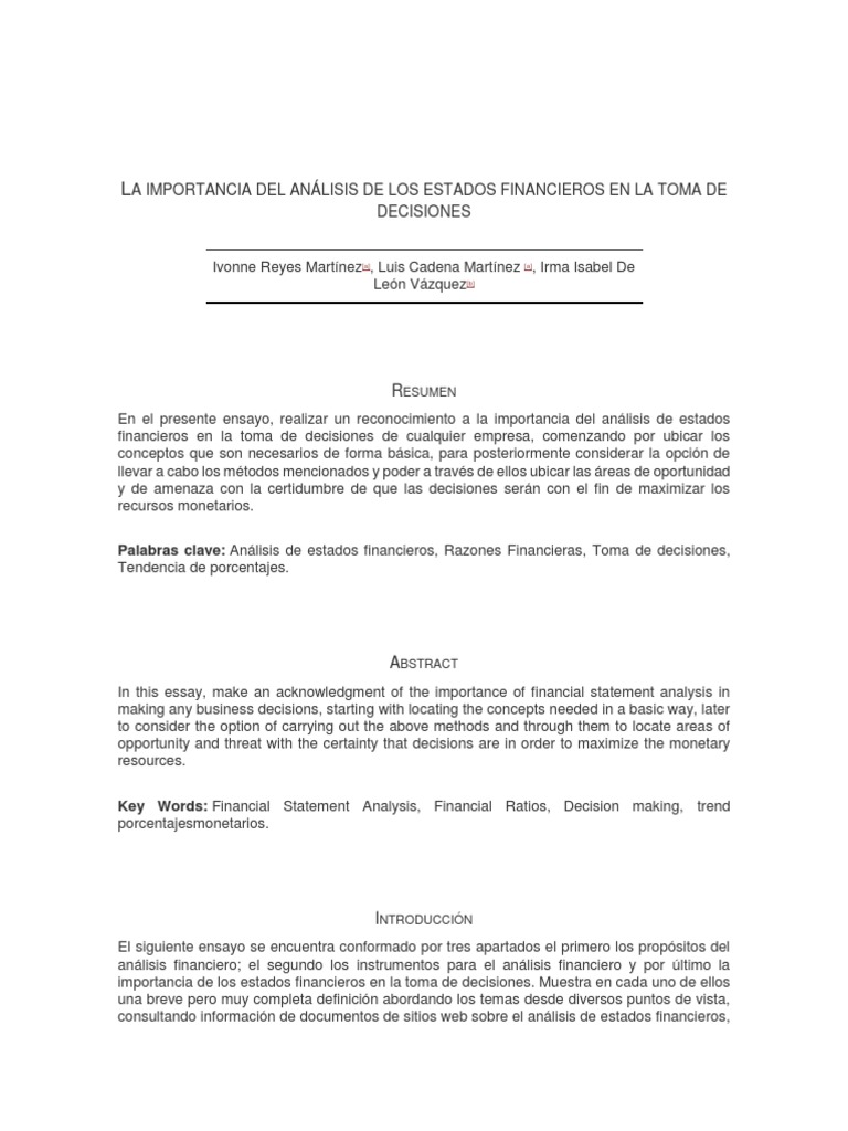 La Importancia Del Análisis de Los Estados Financieros en La Toma de Decisiones | PDF ...