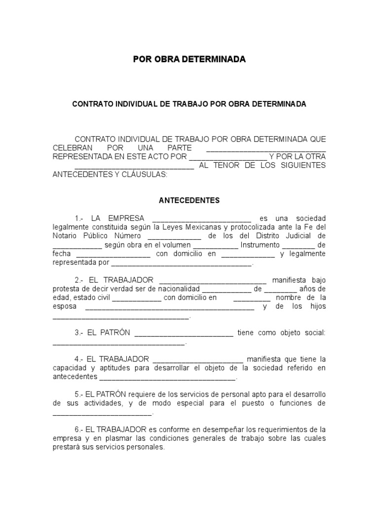Contrato Individual de Trabajo Por Obra Determinada | PDF | Derecho laboral | Tiempo de trabajo