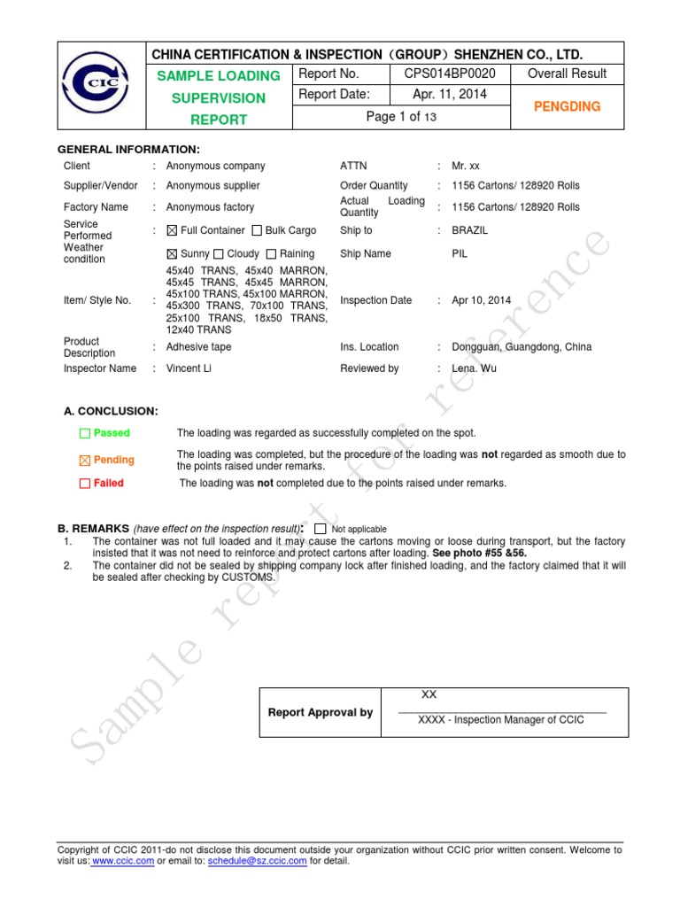 Container Loading Supervisor Sample Report | PDF | Business | Transport