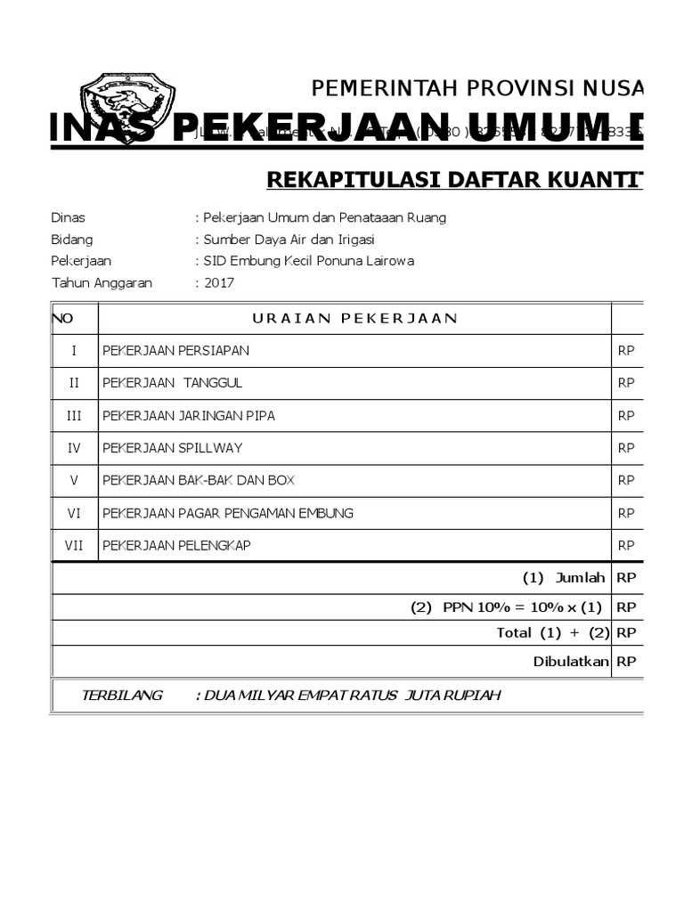 Contoh Rab Embung Ponuna Lairowa Koef Pu | PDF