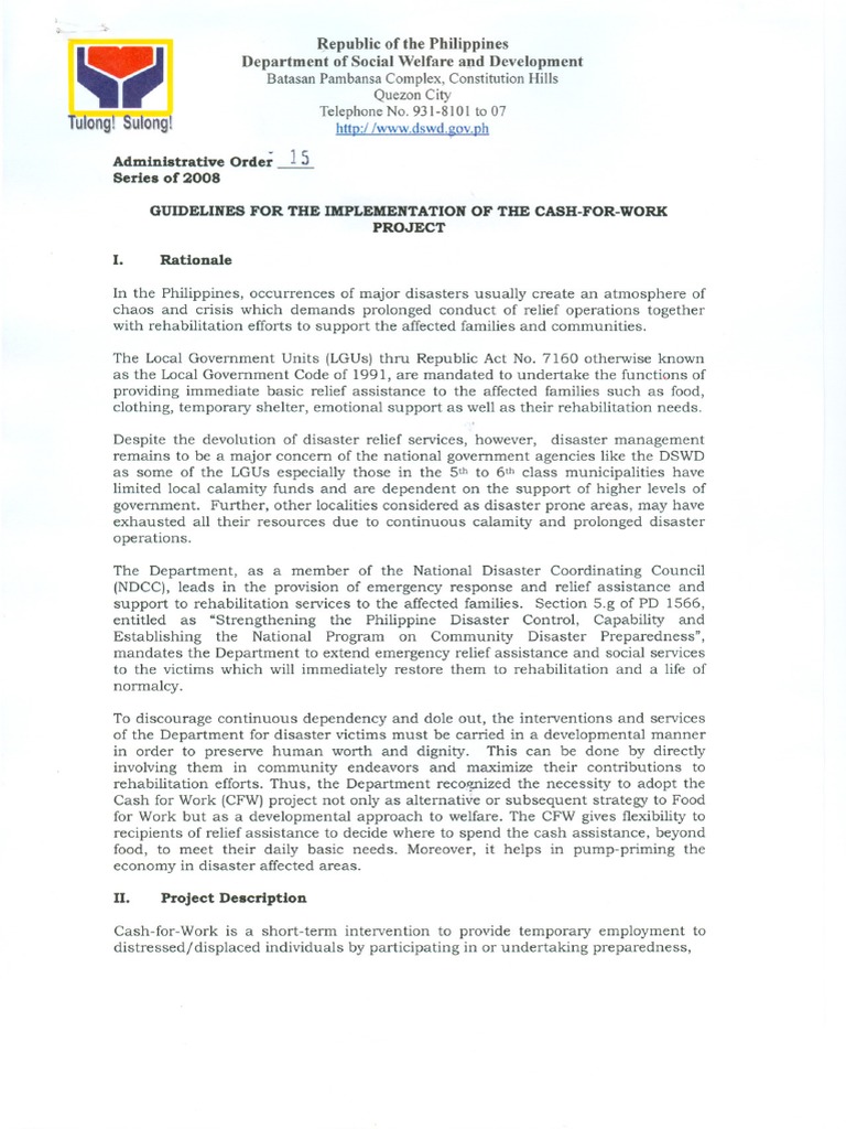 DSWD Cash-for-Work Guidelines AO-No-15-s-2008 | Emergency Management ...
