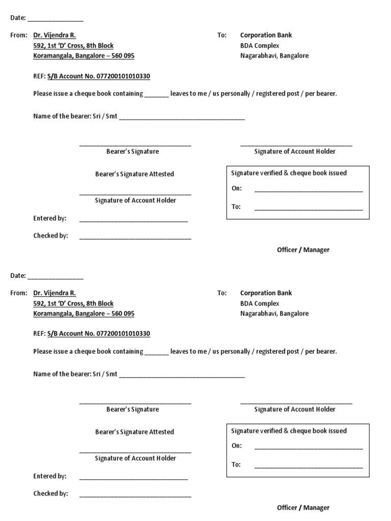 Cheque Requisition Form - Corporation Bank | Download Free PDF | Cheque ...