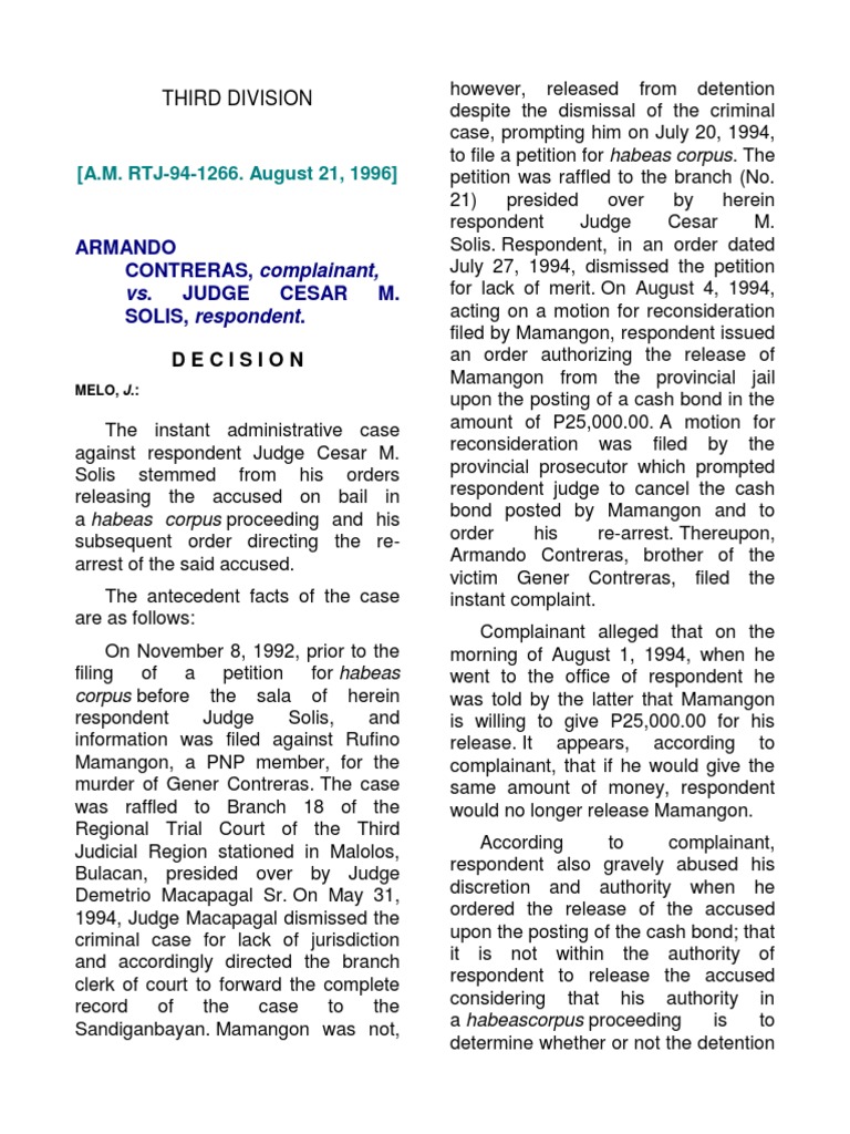 Contreras Vs Solis | PDF | Bail | Habeas Corpus
