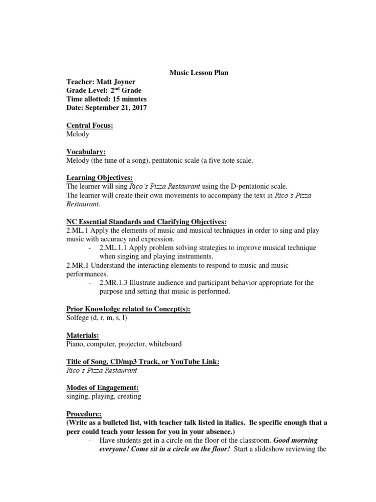 Lesson Plan - 2nd Grade Music | Download Free PDF | Lesson Plan | Teaching