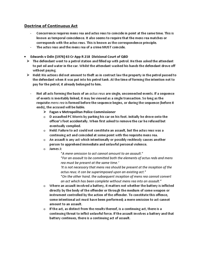 Doctrine of Continuous Act | PDF | Mens Rea | Battery (Crime)