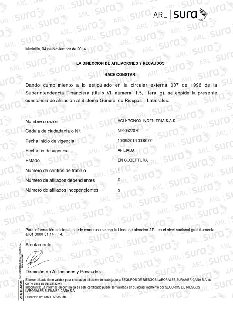 Certificado ARL | PDF