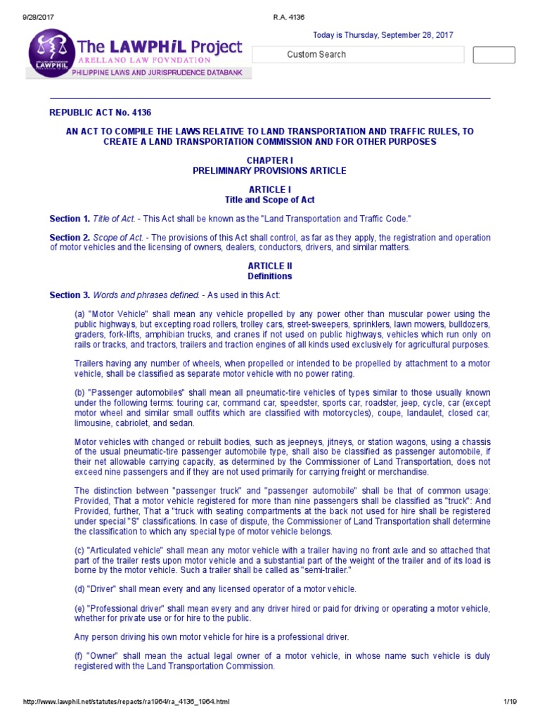 R.A. 4136 Land Transportation & Traffic Code | PDF | Vehicle ...