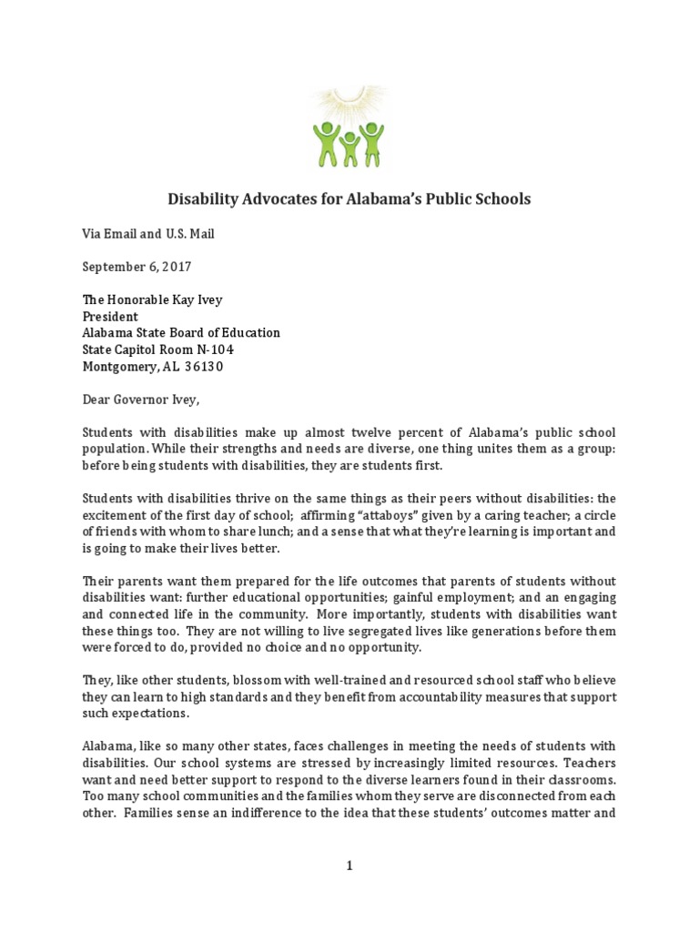 Disability Advocates For Alabama's Public Schools' Letter To Gov. Kay ...