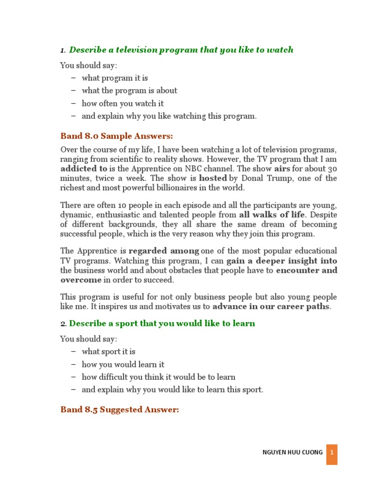 Describe A Television Program That You Like To Watch: Band 8.0 Sample ...