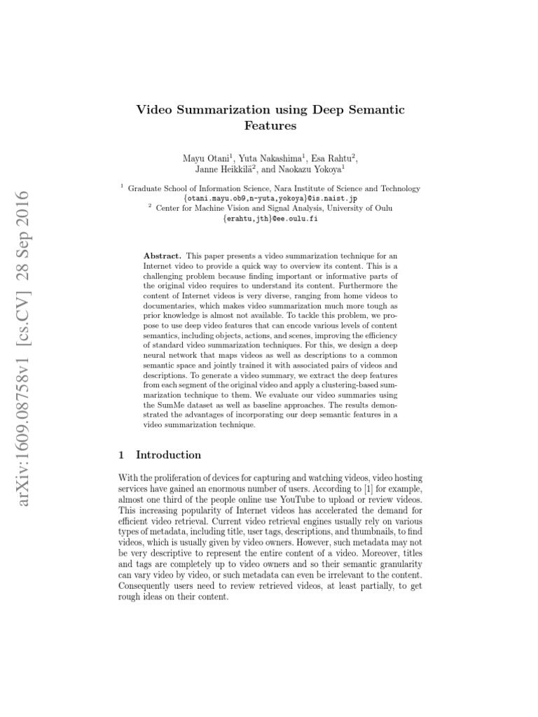 Video Summarization Using Deep Semantic Features | PDF | Artificial ...