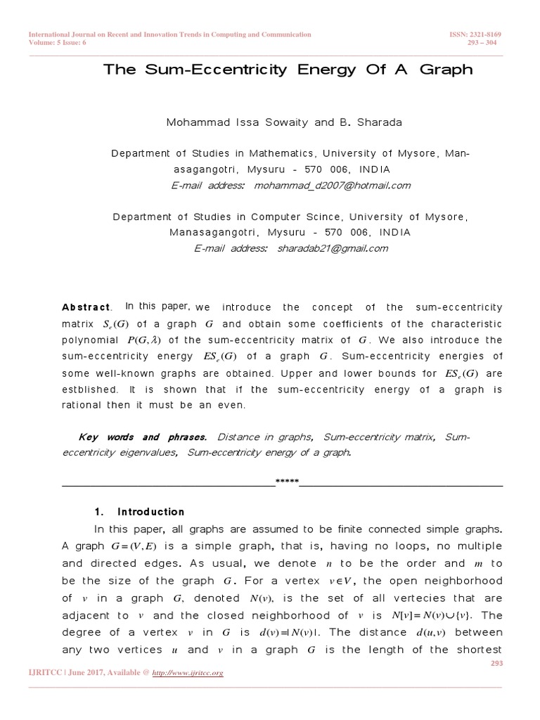 The Sum-Eccentricity Energy of A Graph | PDF | Eigenvalues And Eigenvectors | Vertex (Graph Theory)