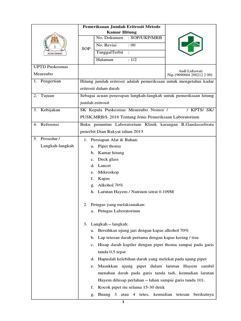 Pemeriksaan Jumlah Eritrosit Metode Kamar Hitung | PDF Pemeriksaan Jumlah Eritrosit Metode Kamar Hitung | PDF