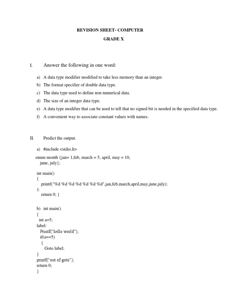 Answer The Following In One Word Revision Sheet Computer Grade X Pdf Integer Computer