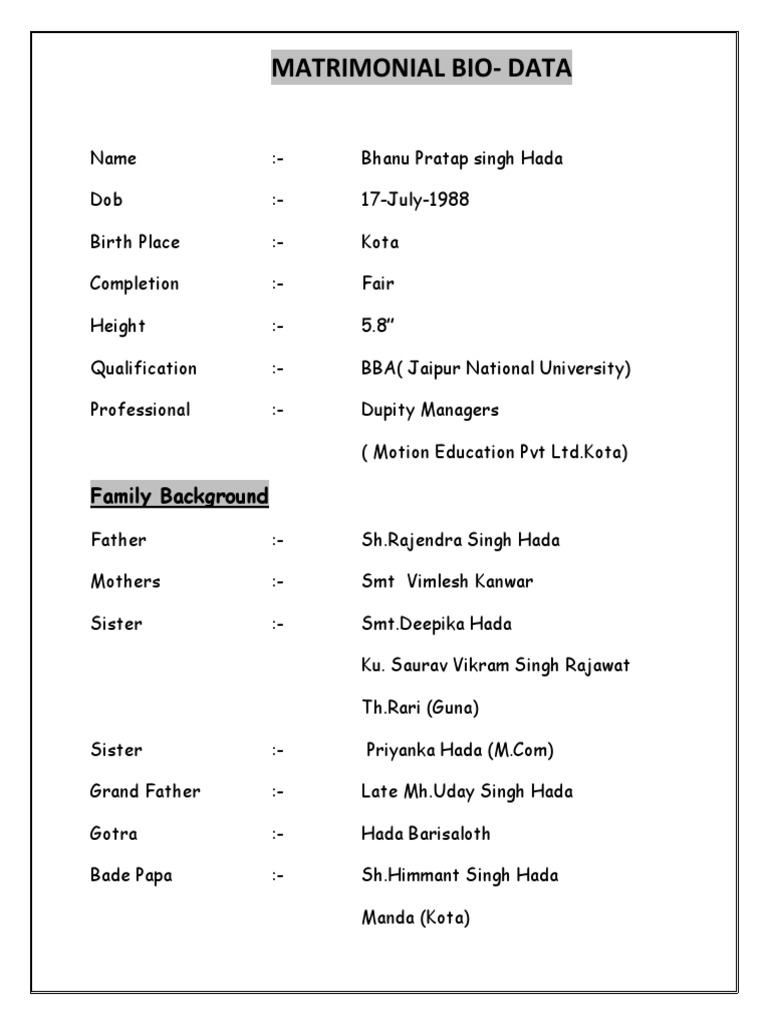 Matrimonial Bio-Data: Family Background | PDF