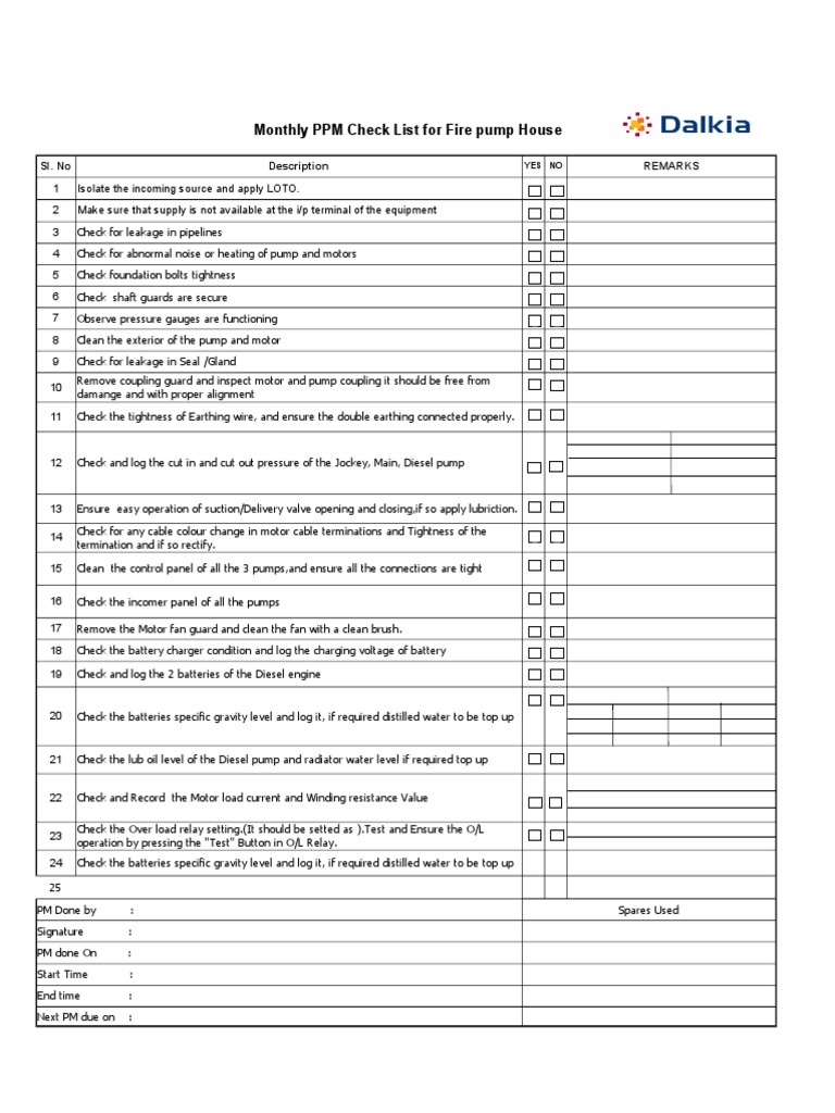 Monthly PPM Check List For Fire Pump House: Sl. No Description Remarks ...