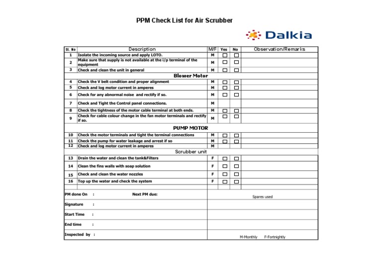 PPM Check List For Air Scrubber: Description M/F Observation/Remarks | PDF