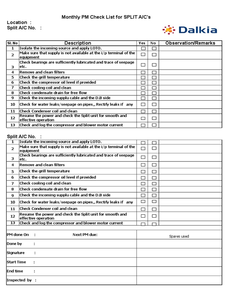 Location: Split A/C No.: Monthly PM Check List For SPLIT A/C's | PDF ...