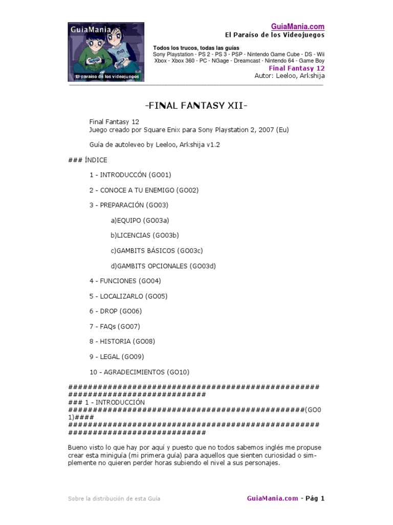 Guía de Autoleveo para Final Fantasy XII | PDF | Nintendo | Wii