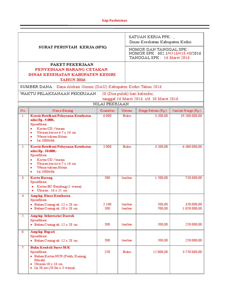 Draft SPK Dan Surat Pesanan (10 - 200 Juta) | PDF