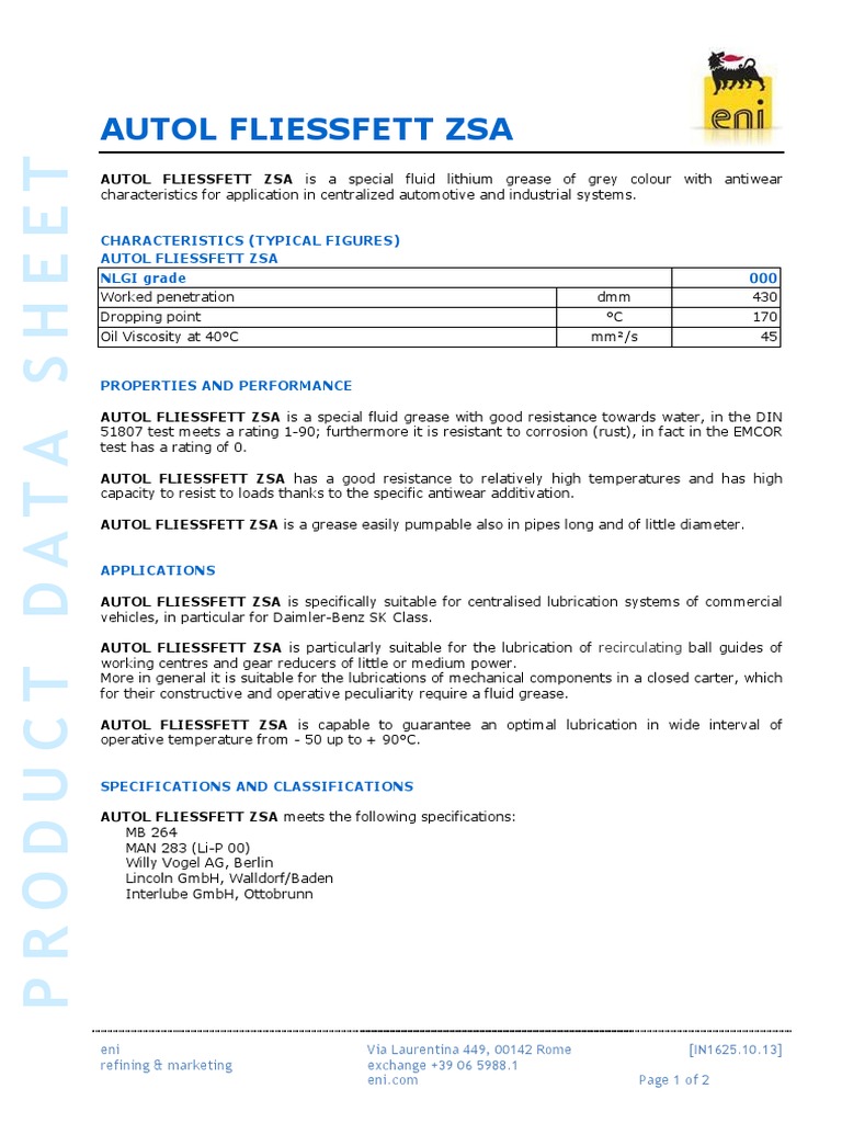 Characteristics (Typical Figures) Autol Fliessfett Zsa NLGI Grade 000 ...