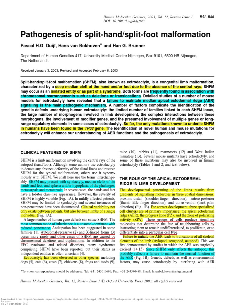 Pathogenesis of Split-Hand/split-Foot Malformation: Pascal H.G. Duijf ...