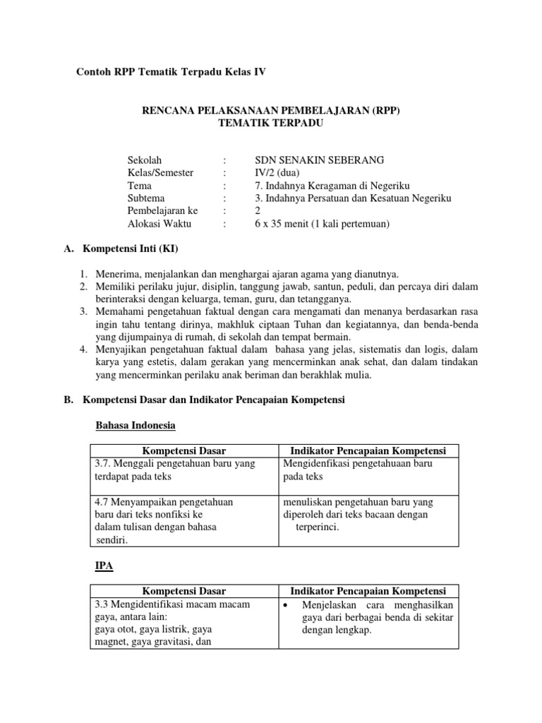 Contoh RPP Tematik Terpadu Kelas IV | PDF | Seni & Disiplin Bahasa ...