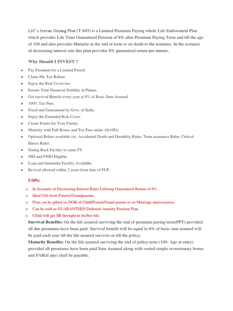 LIC Jeevan Umang Plan Overview | PDF | Insurance | Personal Finance