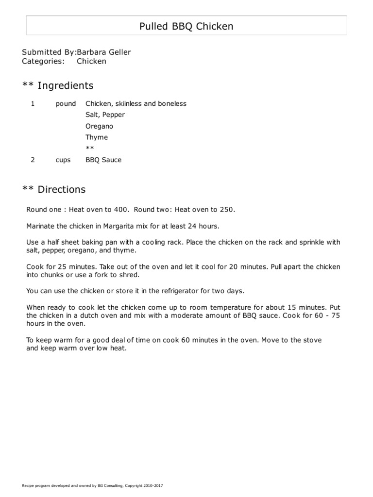 Pulled BBQ Chicken Recipe Guide | PDF