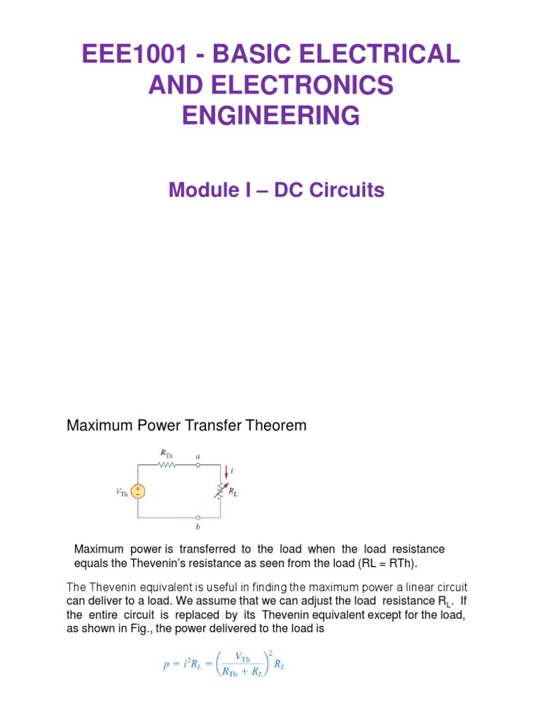 Eee1001 - Basic Electrical and Electronics Engineering: Module I - DC ...