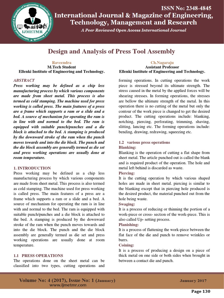 Design and Analysis of Press Tool Assembly: Raveendra CH - Nagaraju ...