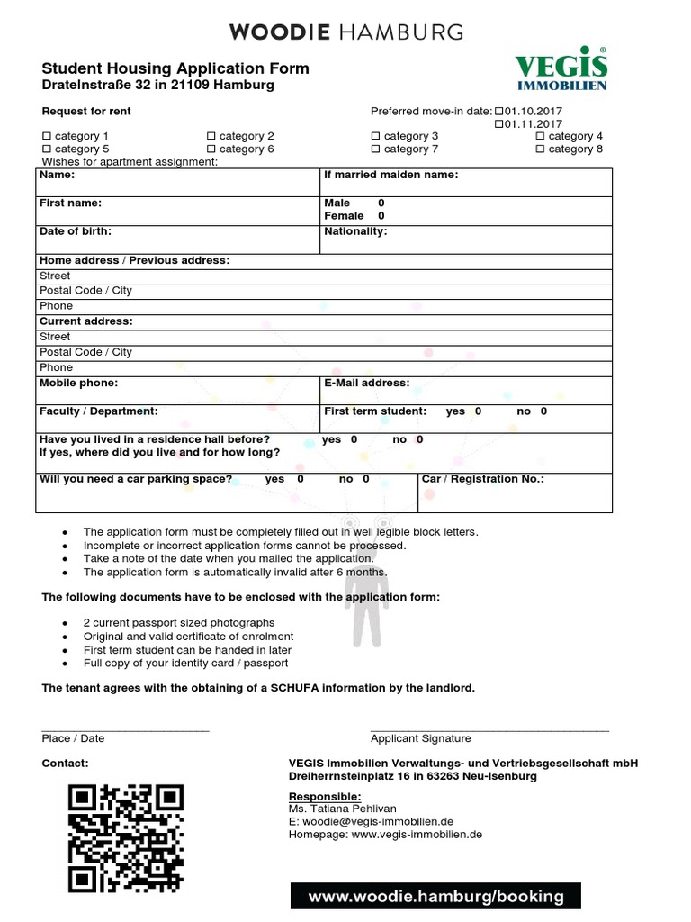Student Housing Application Form: Dratelnstraße 32 in 21109 Hamburg ...