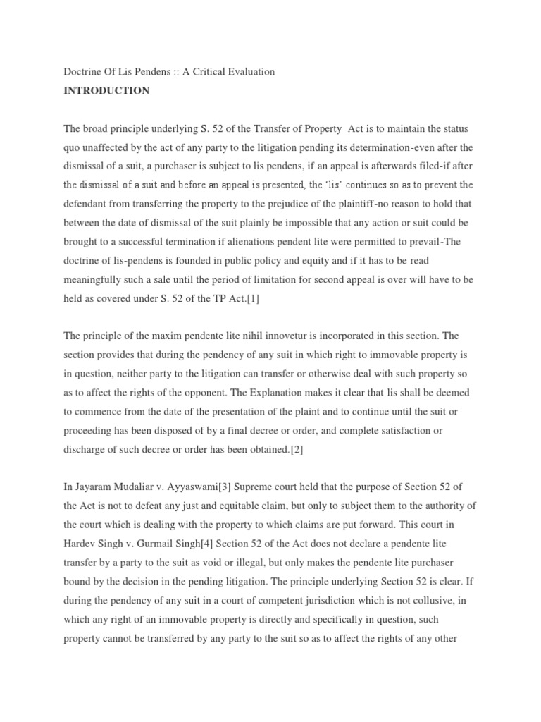 Doctrine Of Lis Pendens: A Critical Evaluation | PDF | Lawsuit ...