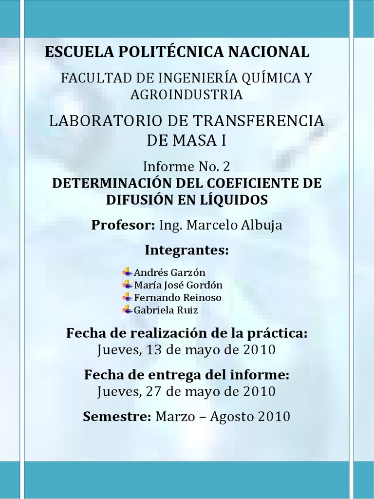 Informe 2 Determinacion Del Coeficiente de Difusion en Liquidos | PDF | Gases | Medicamentos con ...