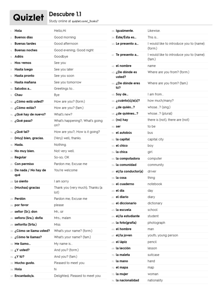 Descubre 1 Vocabulary List | PDF