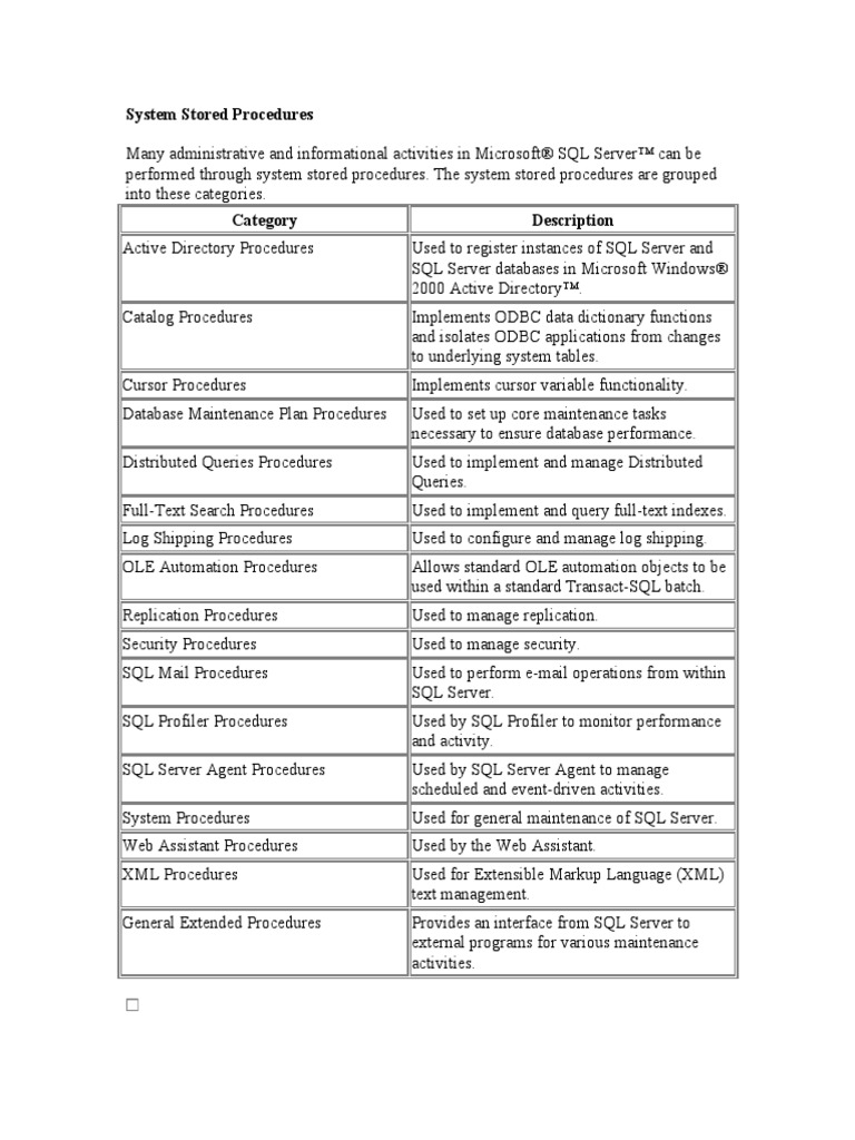 SQL System Stored Procedures | PDF | Microsoft Sql Server | Active Directory