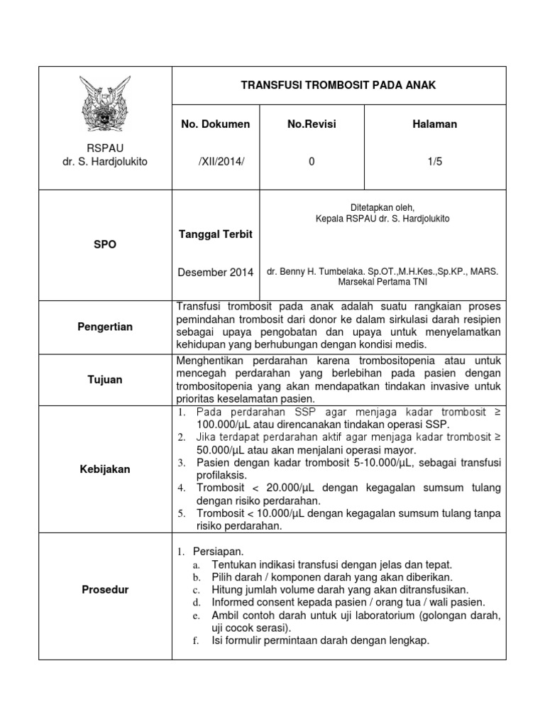 Spo Transfusi Trombosit Pada Anak | PDF