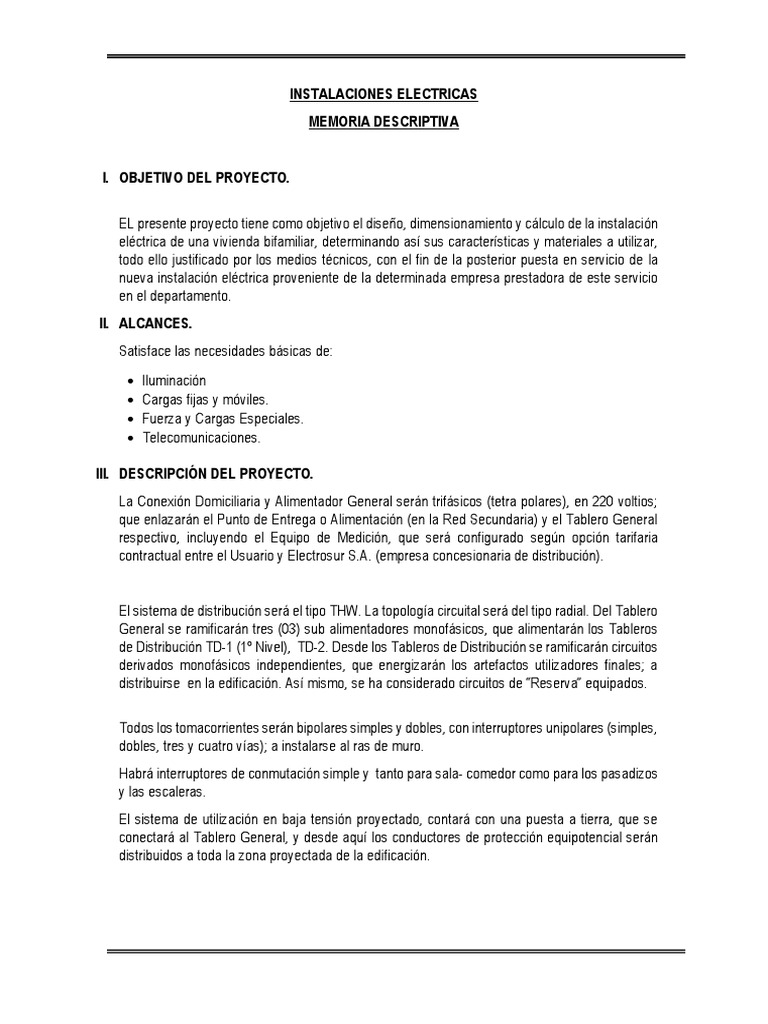 Memoria Descriptiva de Instalaciones Electricas | PDF | Cableado eléctrico | Energia electrica