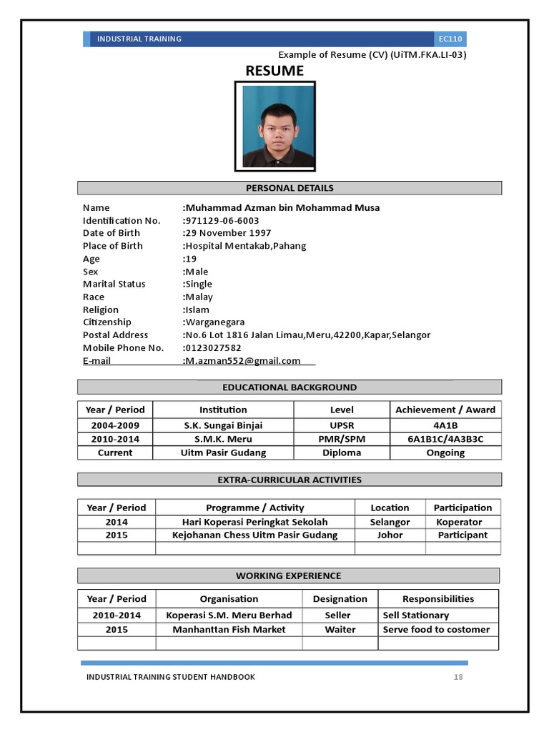 UiTM Resume Example for Internships | PDF