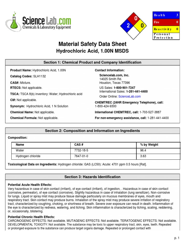 Hydrochloric Acid, 1.00N MSDS: Section 1: Chemical Product and Company ...