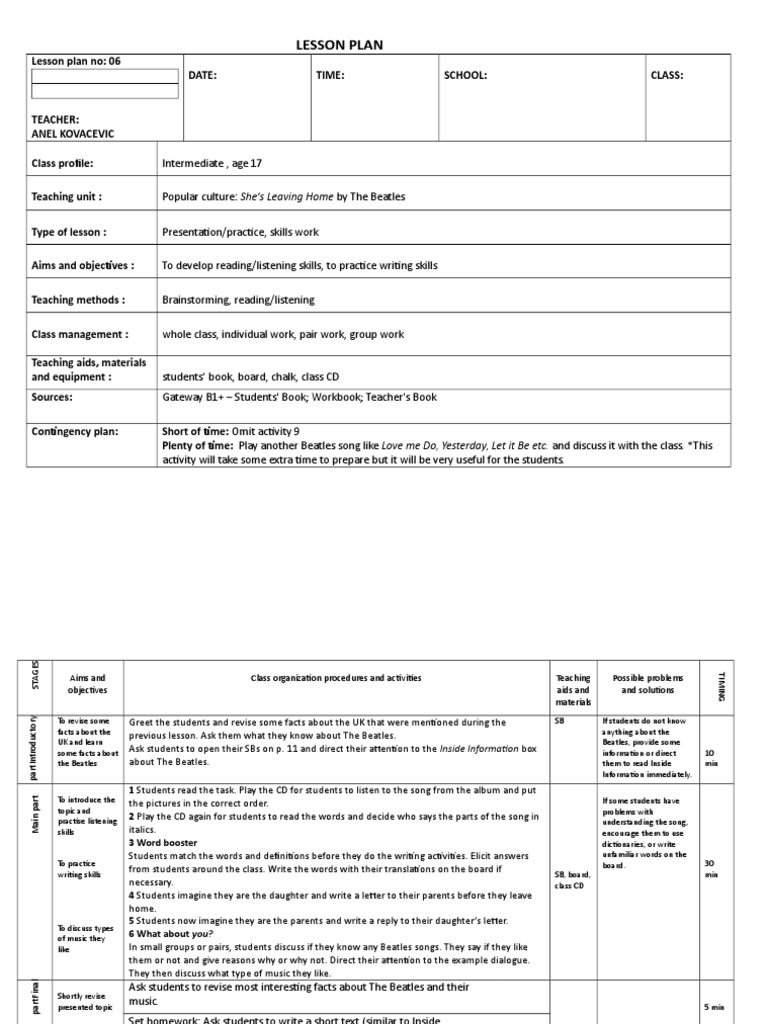 Beatles Lesson Plan for English Activities | PDF | The Beatles | Lesson ...