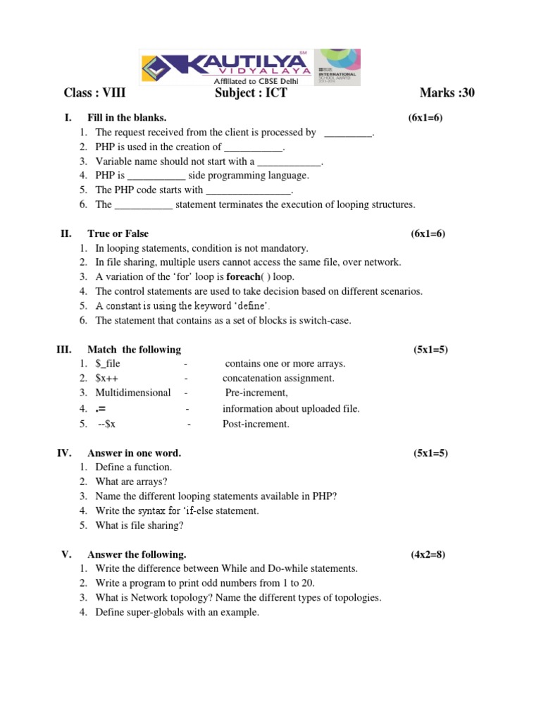Class: Viii Subject: Ict Marks:30 | PDF