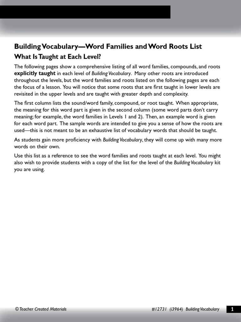 Building Vocabulary-Word Families and Word Roots List: What Is Taught ...