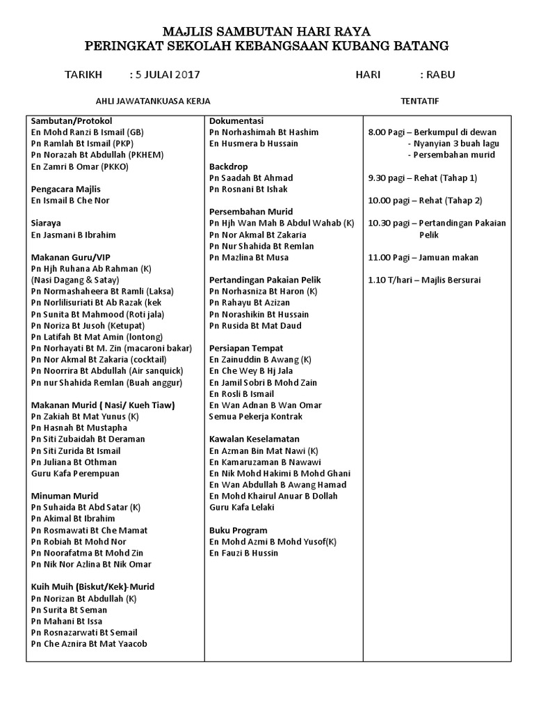 Tentatif Majlis Sambutan Hari Raya | PDF